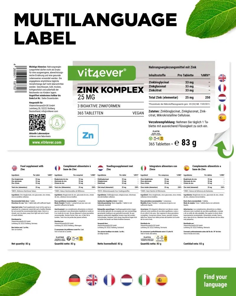 Complexo de Zinco - 25 mg, 400 comprimidos